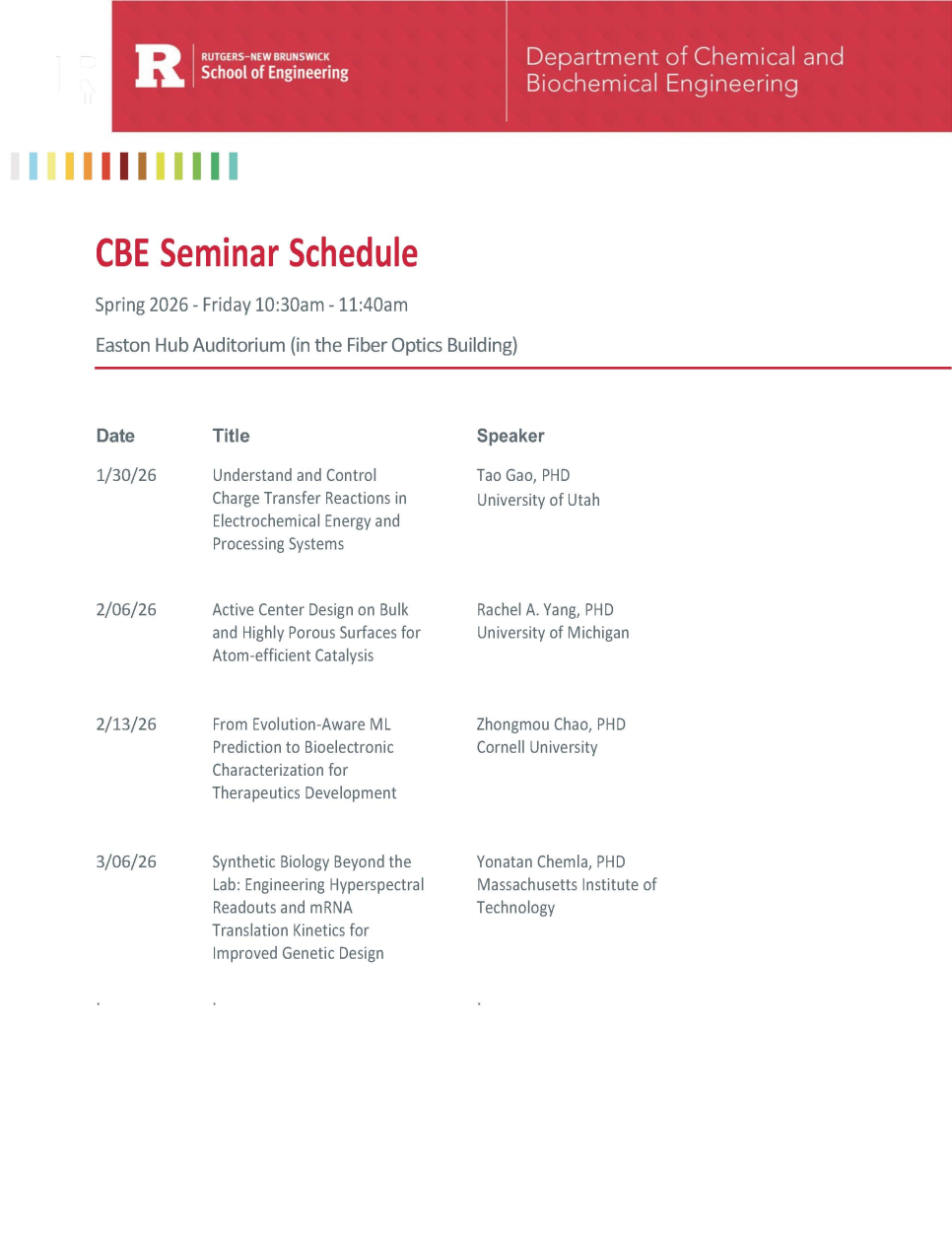 CBE Spring 2026 Seminar Schedule